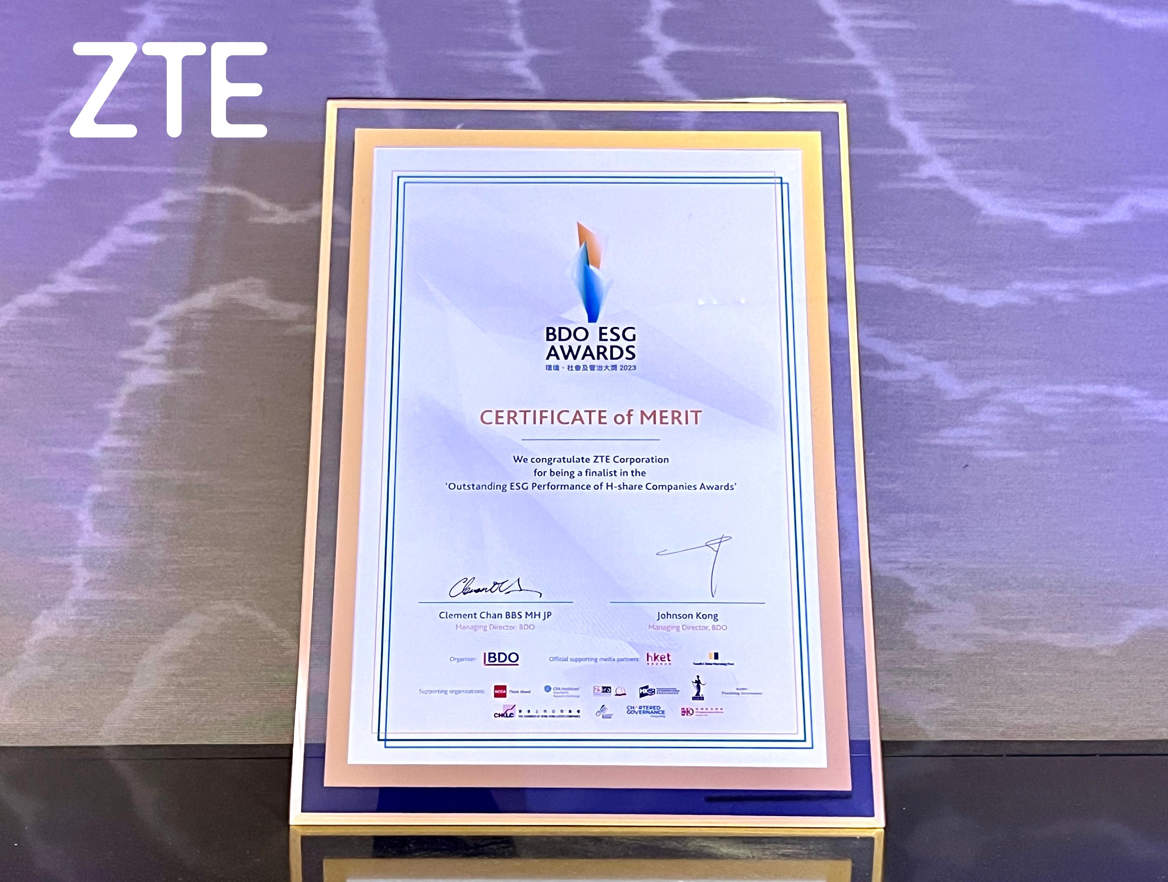 ZTE receives BDO Outstanding ESG Performance of H-share Companies Awards